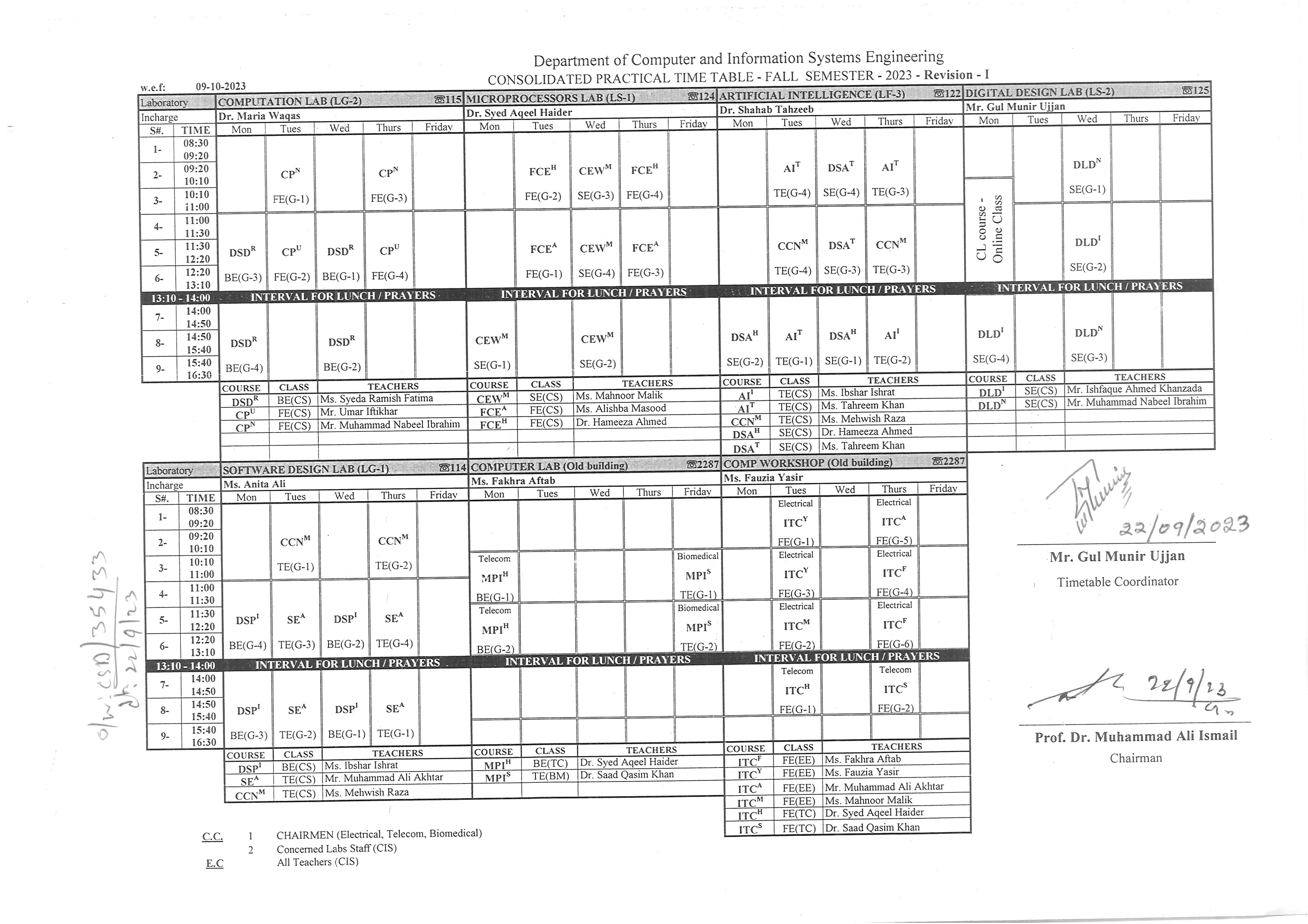 Timetable Department Of Computer And Information Systems Engineering